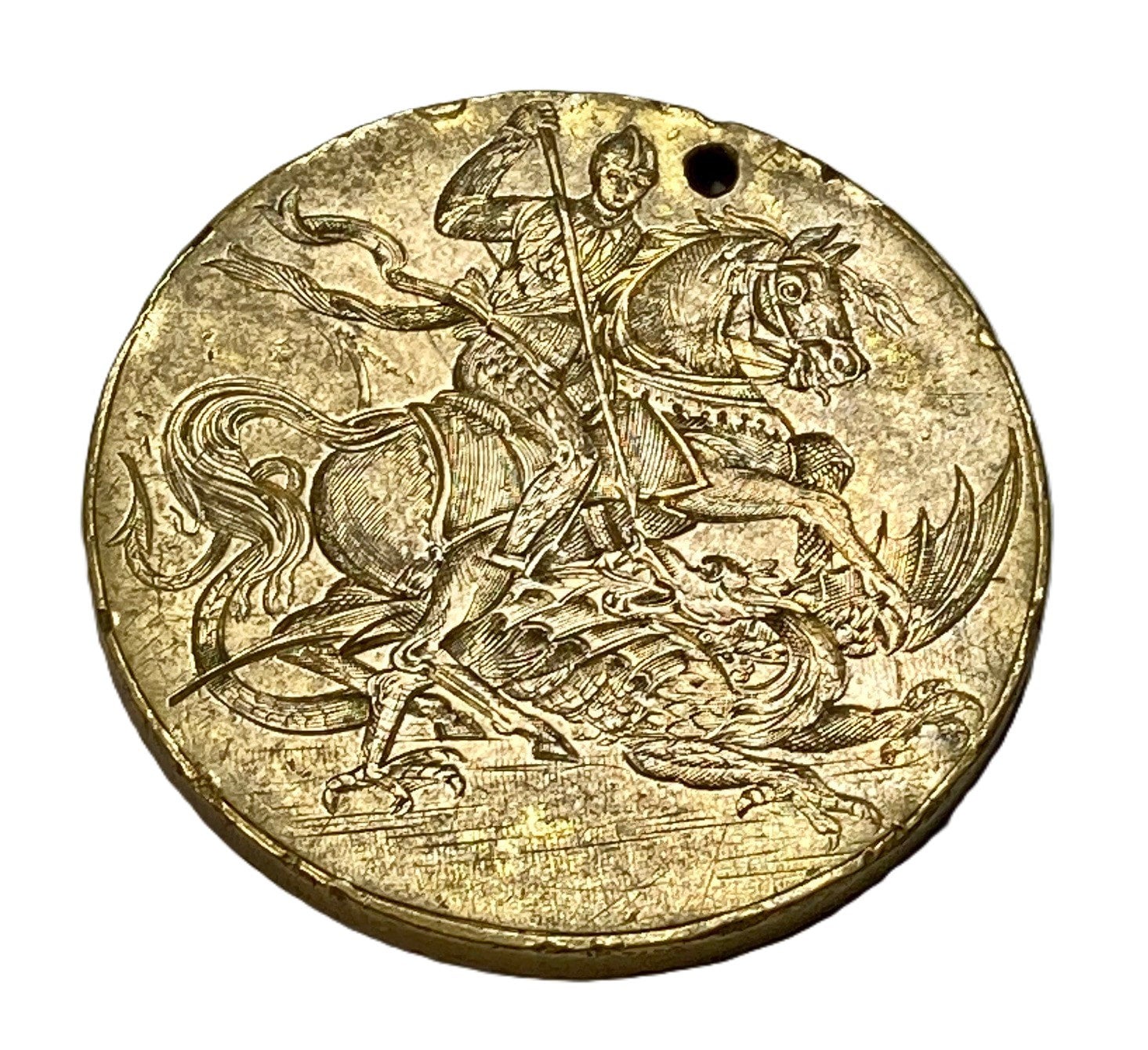 Rare Victorian hand engraved medallion ST GEORGE AND THE DRAGON large gilt bronze love token for ...